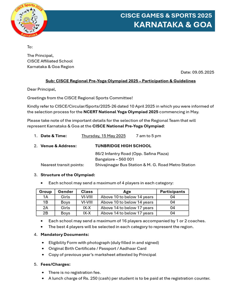 CISCE Regional Pre-Yoga Olympiad 2025 | PDF