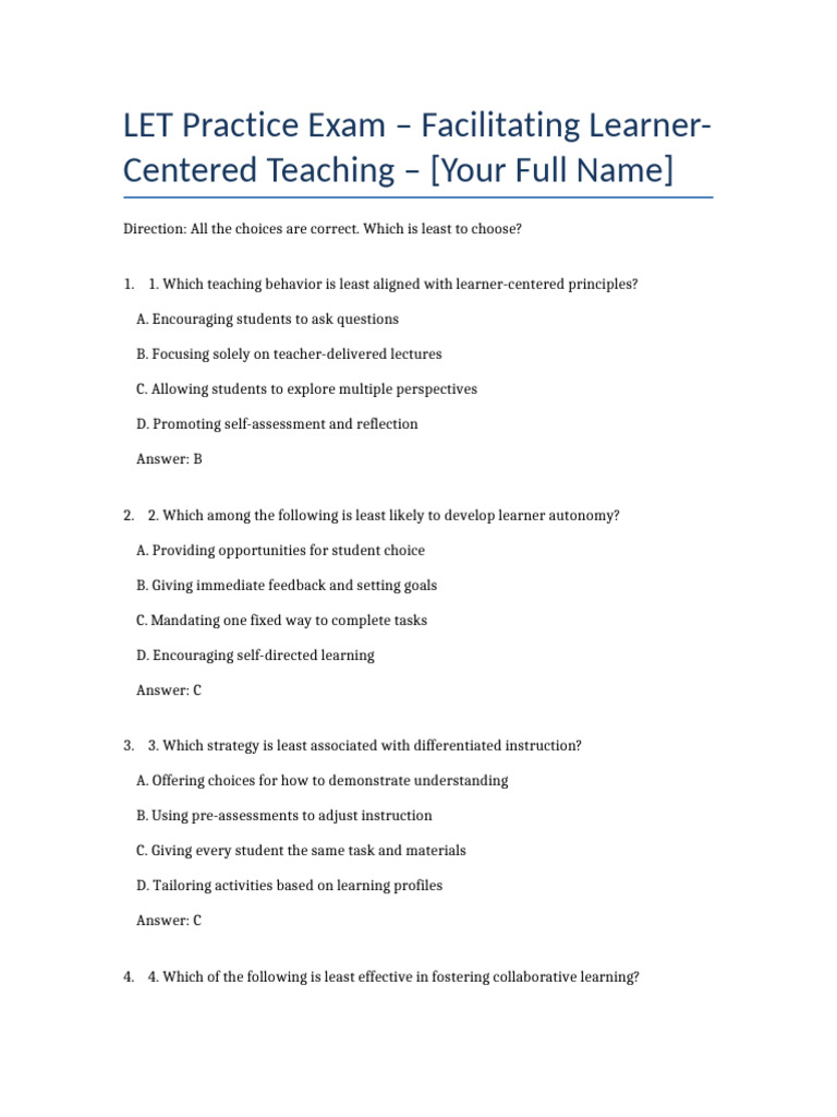 LET Practice Exam Facilitating Learner Centered Teaching | PDF ...
