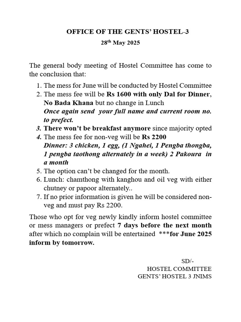 Mess Fee Final | PDF