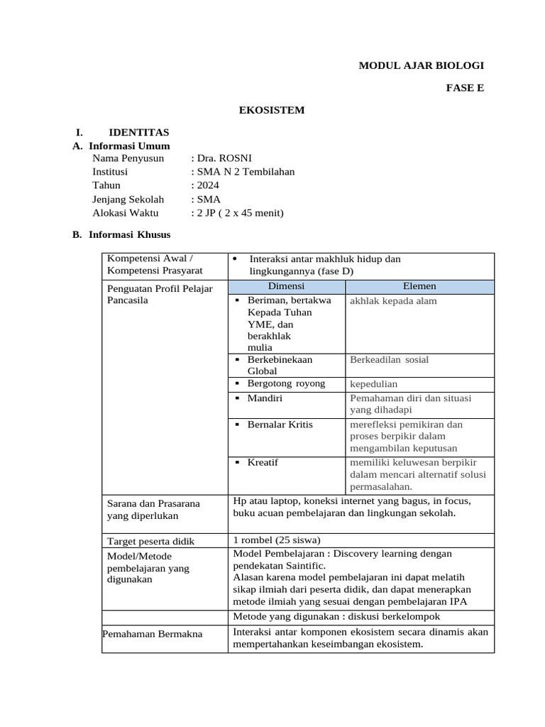 Modul Ajar Biologi Ekosistem (1) | PDF