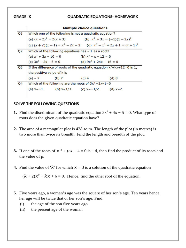 Quadratic Equation Worksheet | PDF