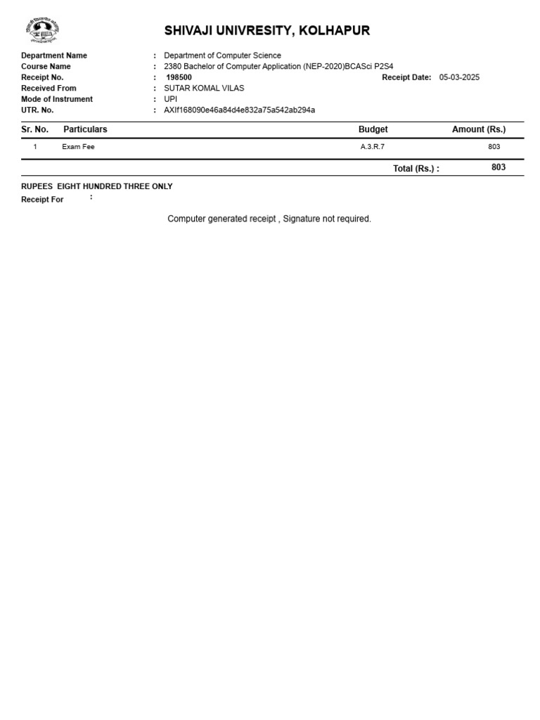Shivaji Univresity, Kolhapur: Sr. No. Particulars Budget Amount (RS.) | PDF