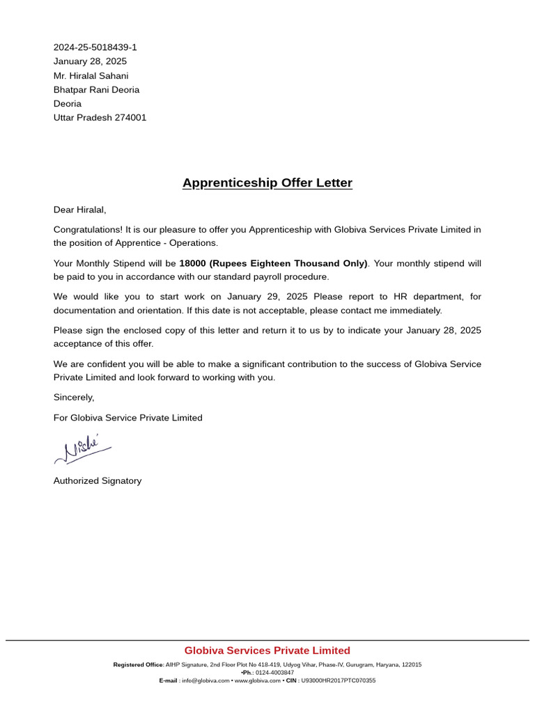 Apprenticeship Offer Letter: Globiva Services Private Limited | PDF