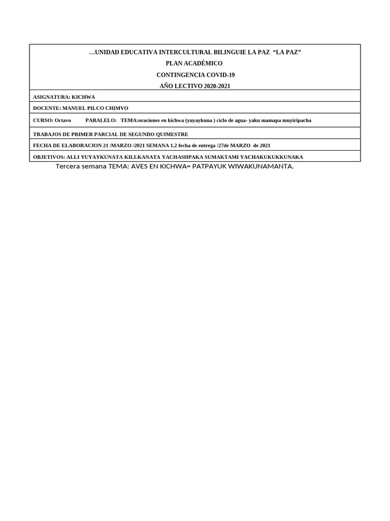 KICHWA 8vo - Primer PARCIAL de 2do QuimestreSmna.3-4 | PDF