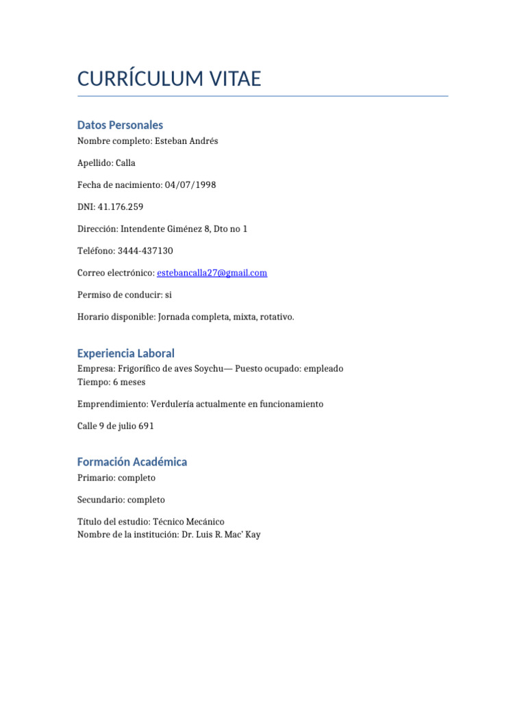 Currículum Vitae: Datos Personales | PDF