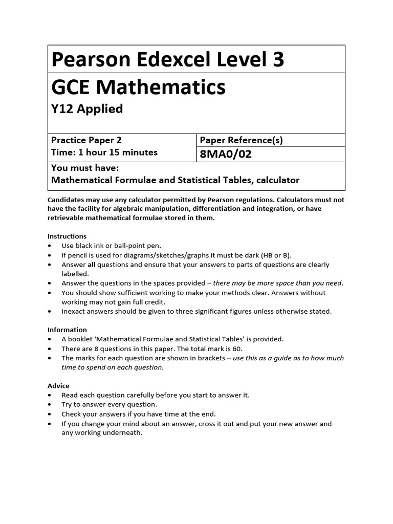 Y12 Applied Maths Practice Paper 2 | PDF | Statistics | Mathematics