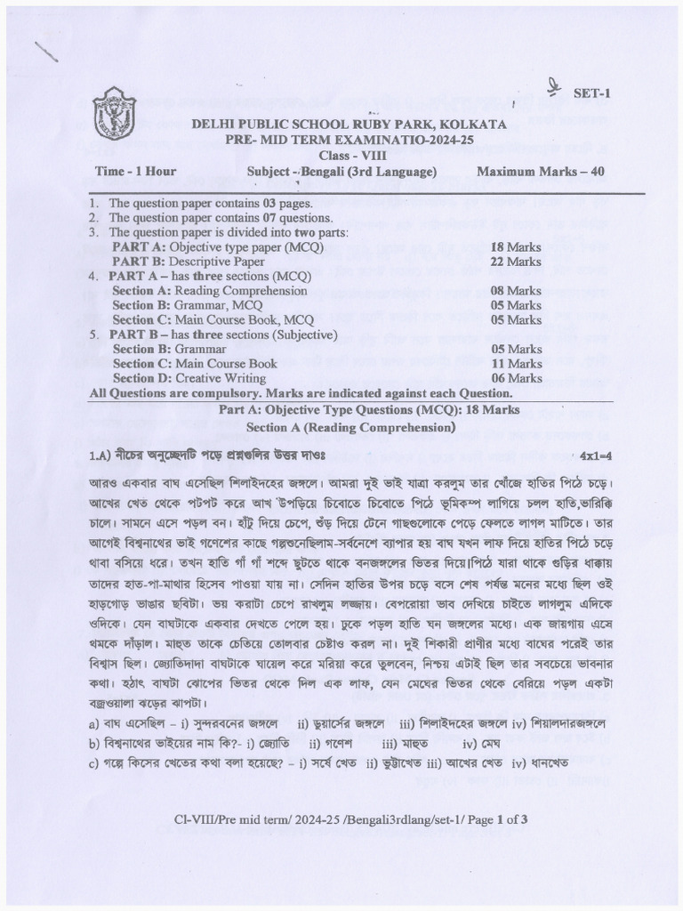 CL 8 Pre-Mid Term Beng 3rd Lang 2024-25 | PDF
