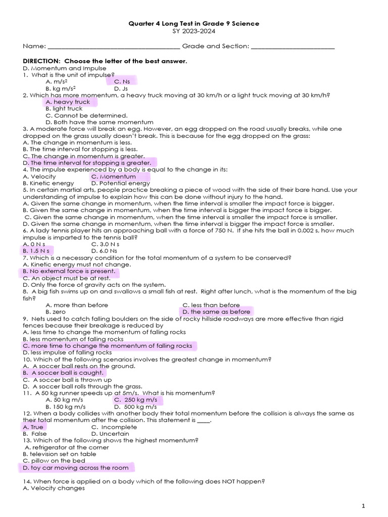 Part 2 of 4th Long Test Grade 9 Science 2023 2024 | PDF | Momentum ...