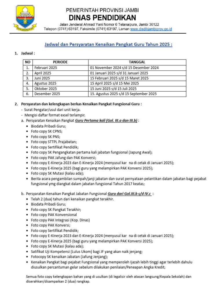 Dokumen Kenaikan Pangkat Guru Disdik Prov. Jambi Tahun 2025 | PDF