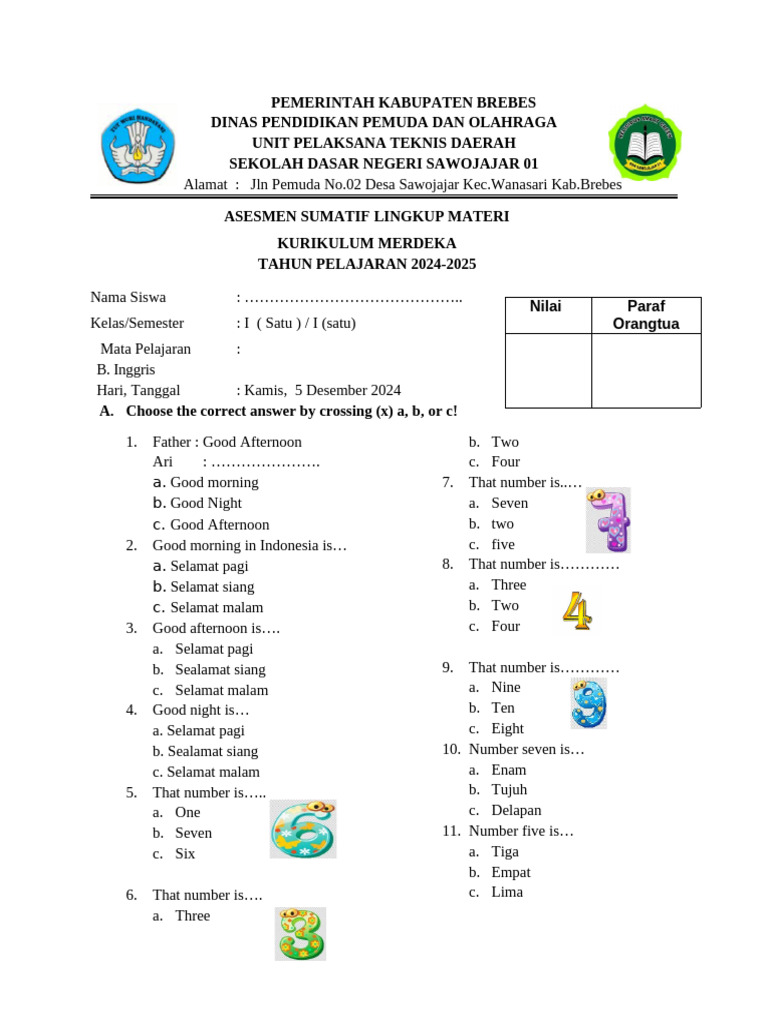 PAS Kelas 1 B. Inggris Semester 1 | PDF | Chess Openings | Chess