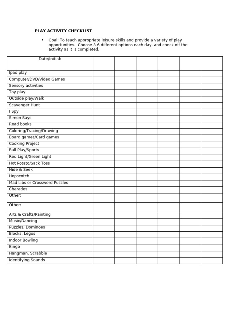 Daily Play Activity Checklist | PDF