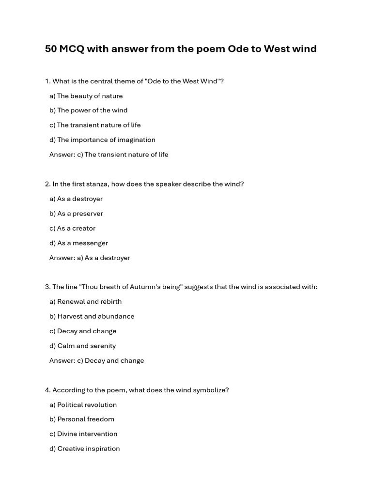 50 MCQ With Answer From The Poem Ode To West Wind | PDF