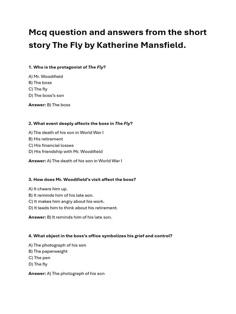MCQ Question and Answers From The Short Story The Fly by Katherine ...