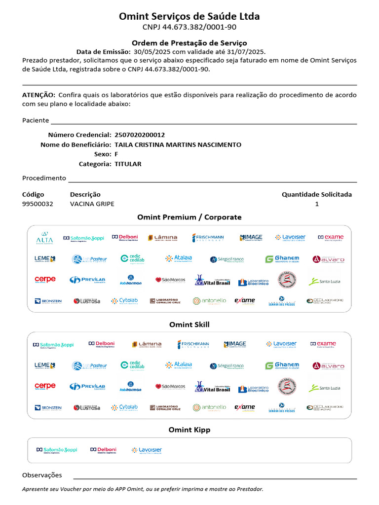 Ordem de Serviço Omint - Vacina Gripe | PDF