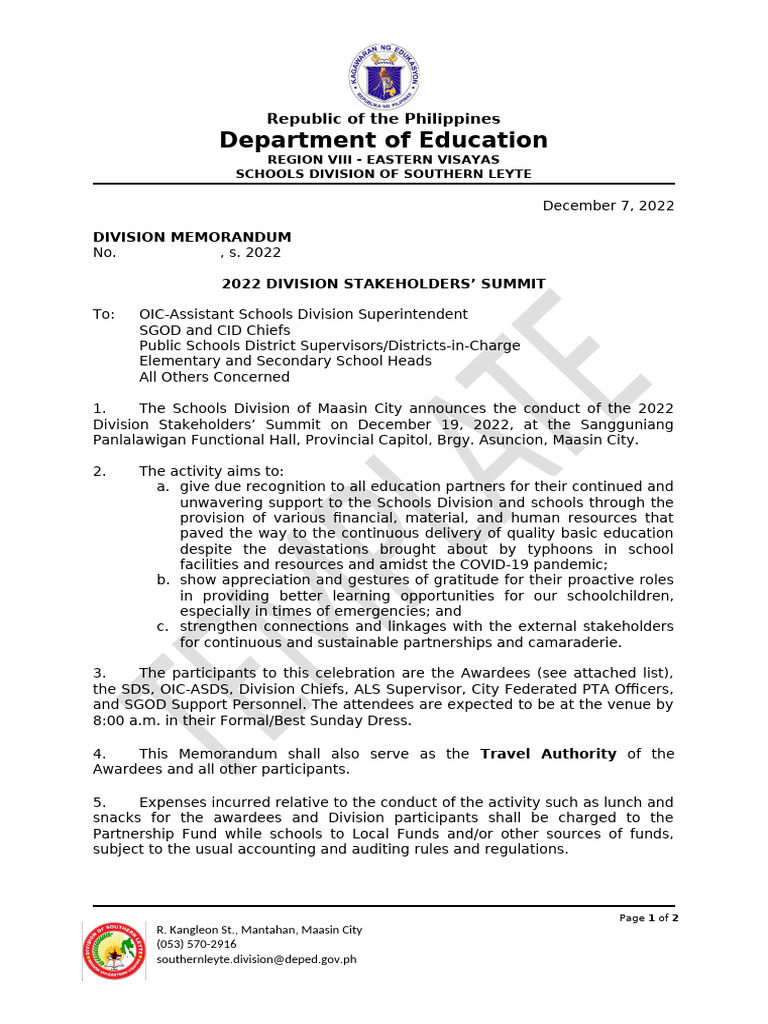 2022 Division Stakeholders' Summit Memo | PDF