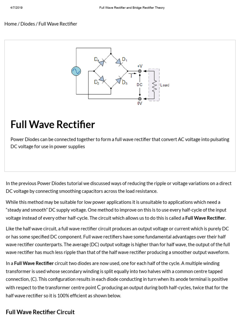 Full Wave Rectifier and Bridge Rectifier Theory | PDF | Rectifier ...
