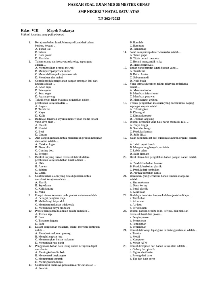 Soal Ujian Mid Semester Genap Kelas Viii Mapel PK | PDF
