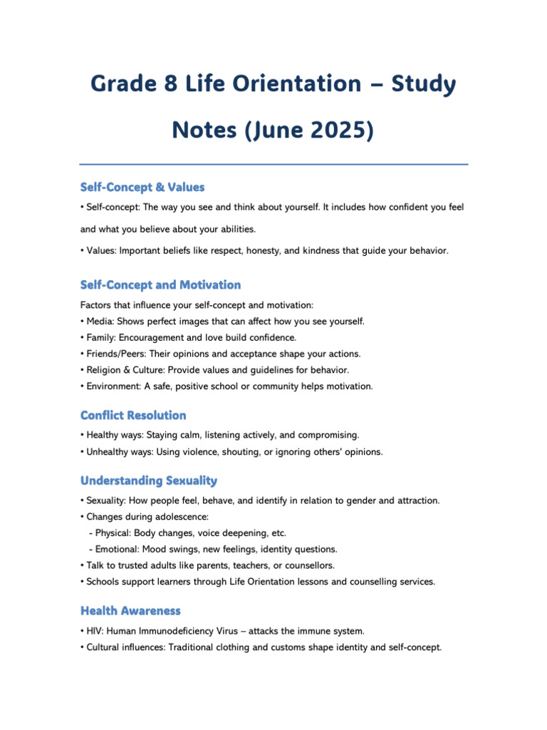 Grade 8 Life Orientation Study Notes 2025 | PDF | Self Concept ...
