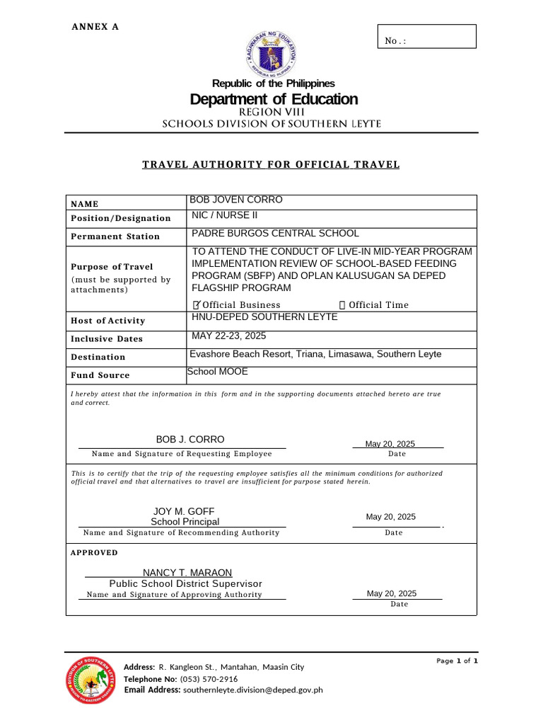 Travel Authority for Official School Program | PDF