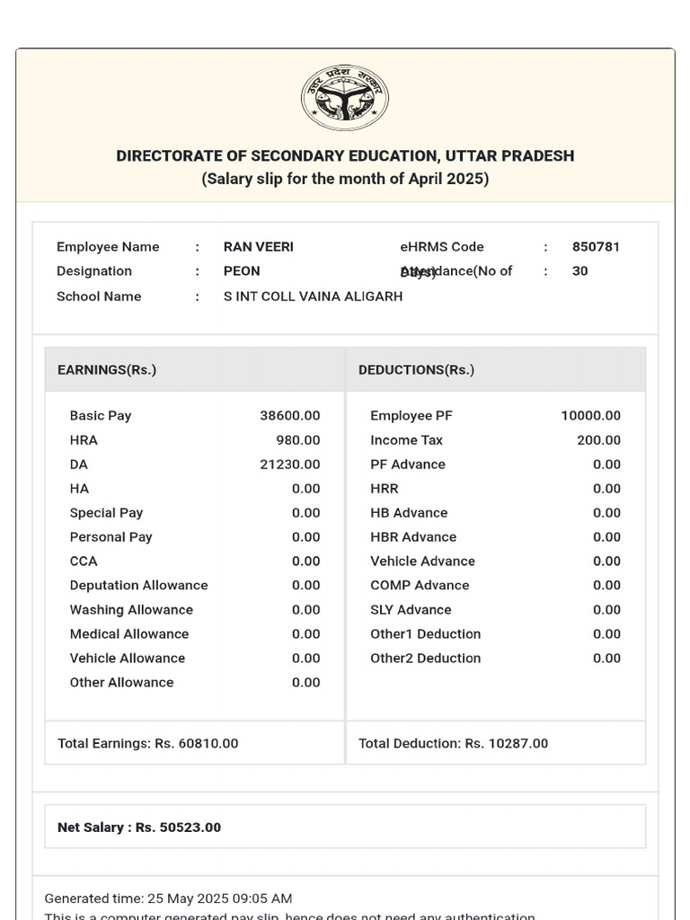 Salary Slip For The Month of April 2025 | PDF