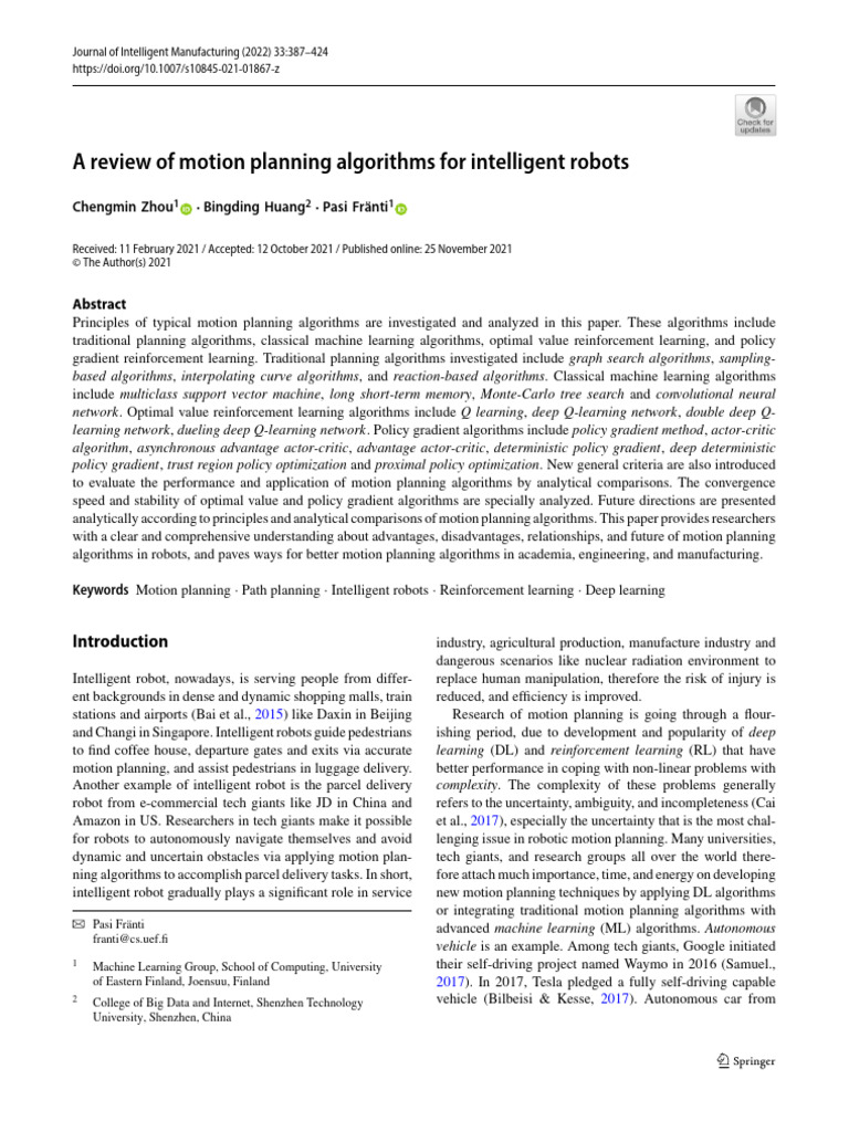 Zhou Et Al. - 2022 - A Review of Motion Planning Algorithms for Intelli | PDF | Theoretical ...