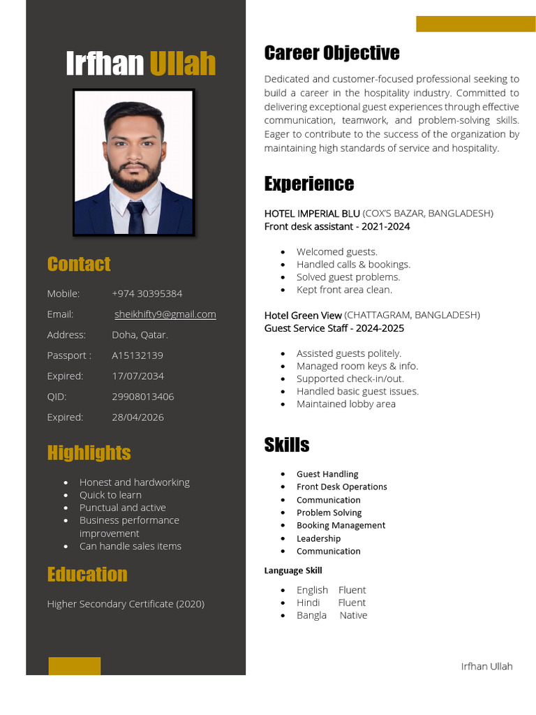 Hospitality Career Profile of Irfhan Ullah | PDF | Learning | Cognition
