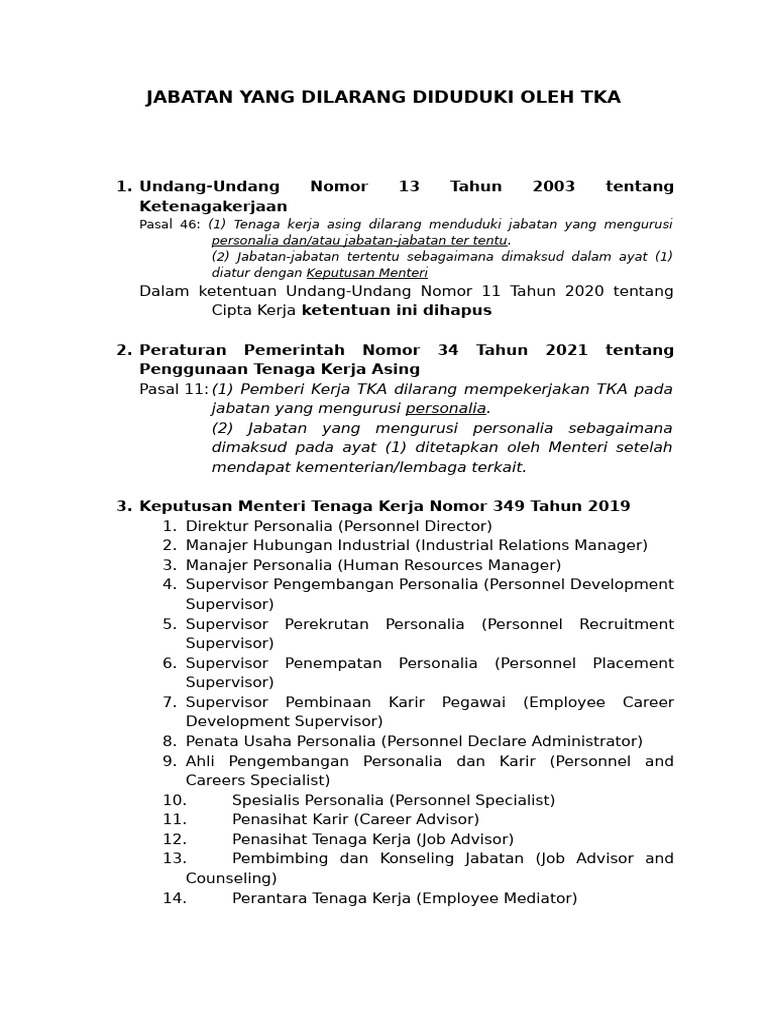 Jabatan TKA yang Dilarang Dipegang | PDF