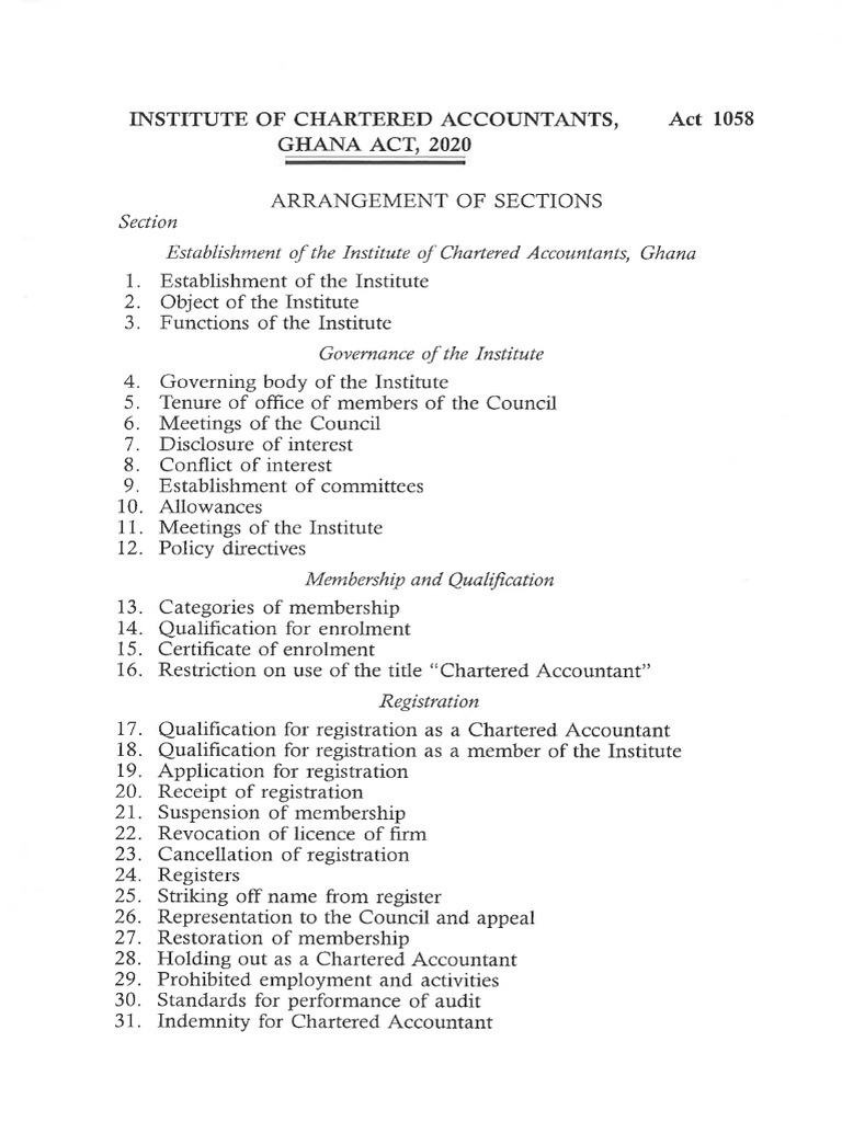 Institute of Chartered Accountants Ghana Act 2020. Act 1058 | PDF