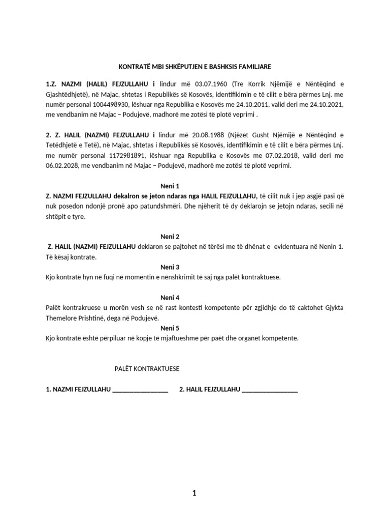 Kontrate Mbi Shkeputjen e Bashkesis Familjare | PDF