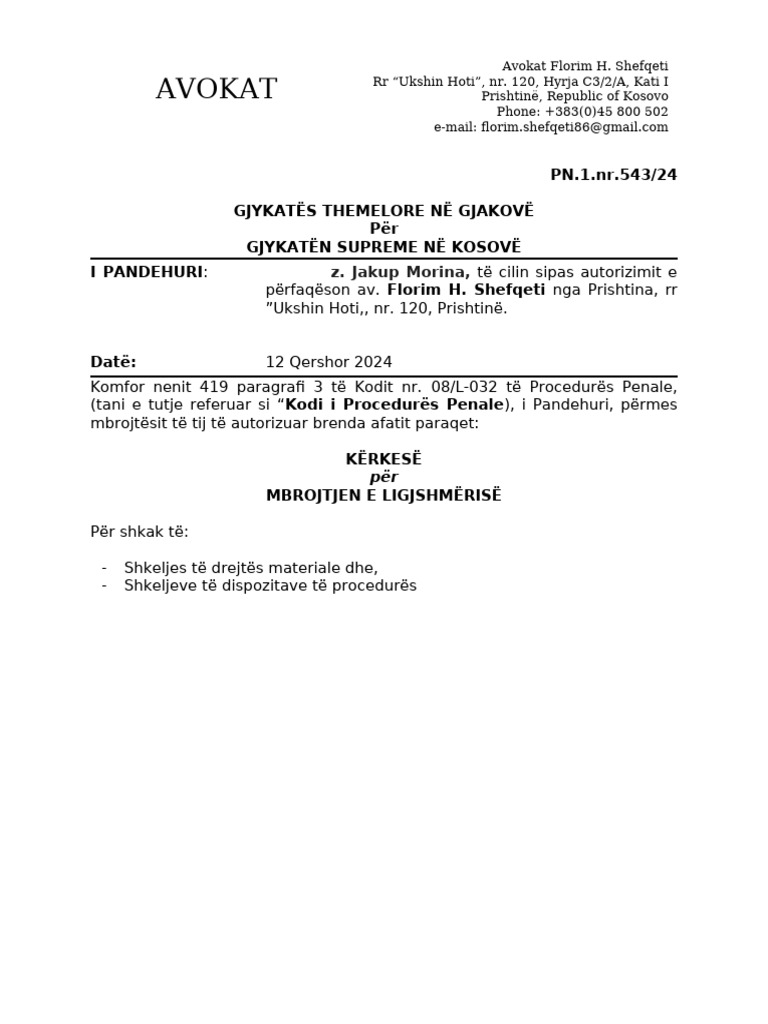 Kerkese Per Mbrojtje Te Ligjshmerise - Jakup Morina | PDF