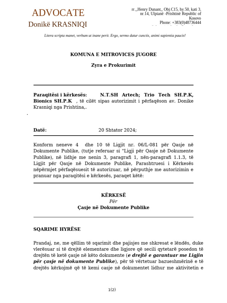 Kerkese Per Qasje Ne Dokumente Zyrtare | PDF