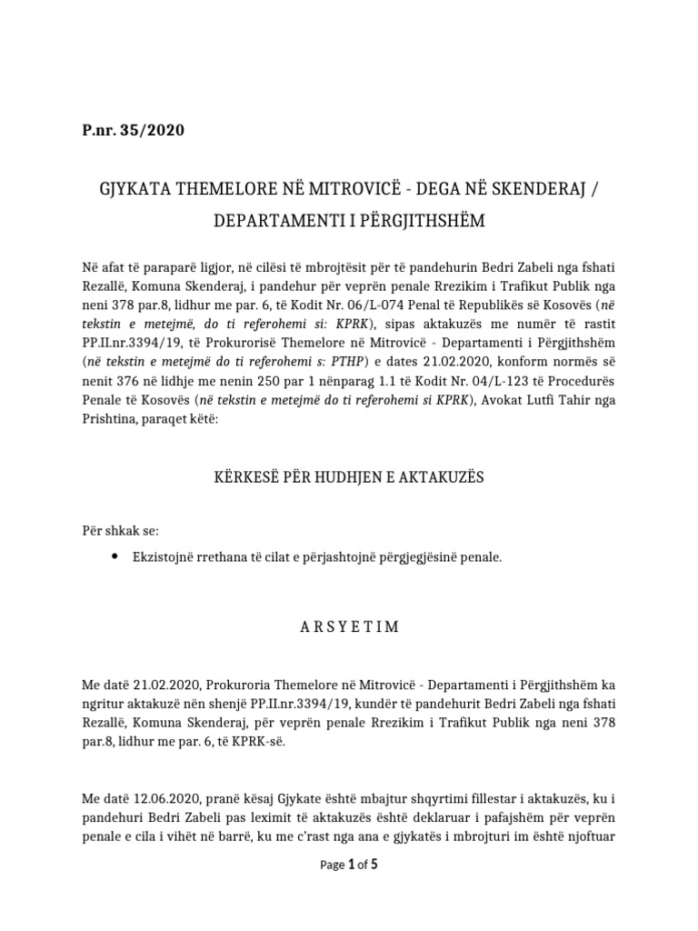 Kërkesë Për Hudhjën e Aktakuzës | PDF