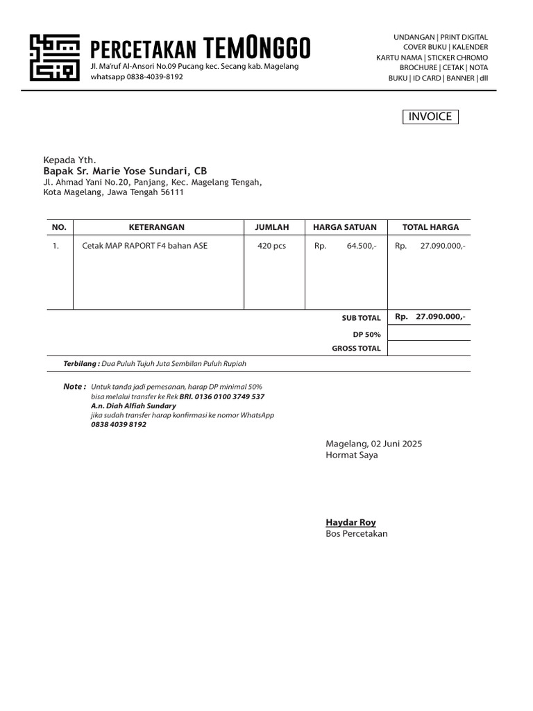 Invoice SMA Tarakanita | PDF