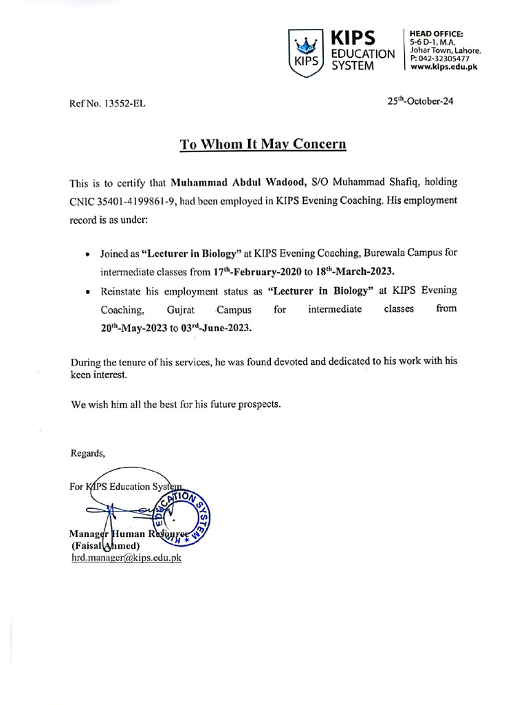 KIPS Experience Letter | PDF