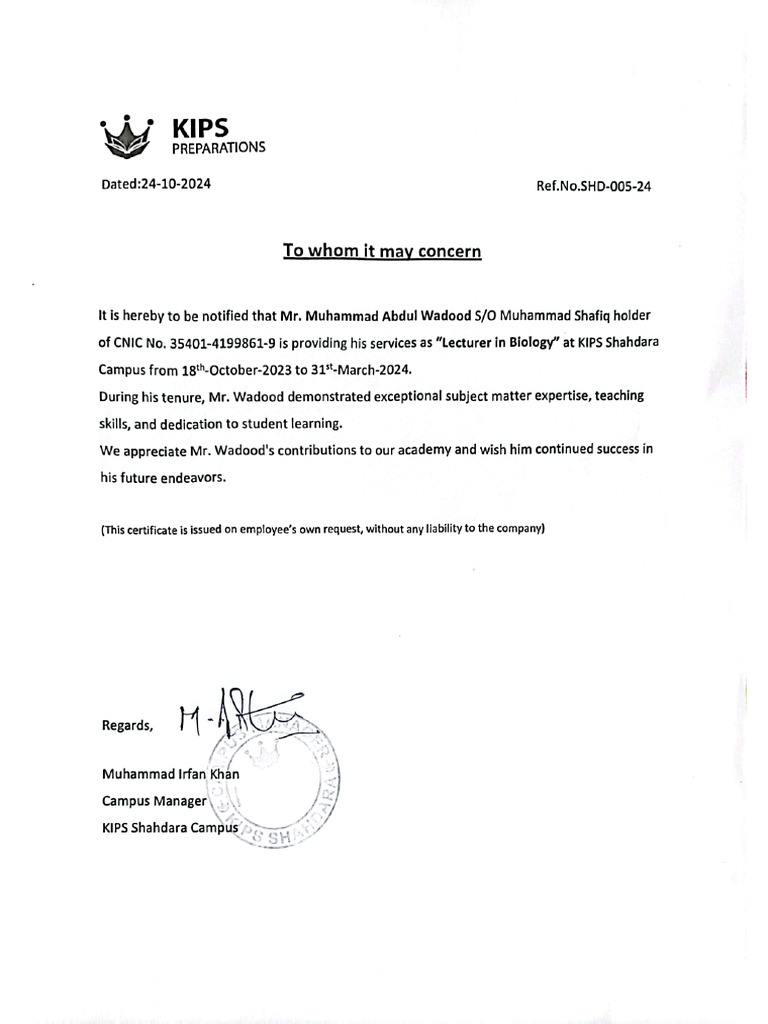 KIPS Shahdra Experience Letter | PDF