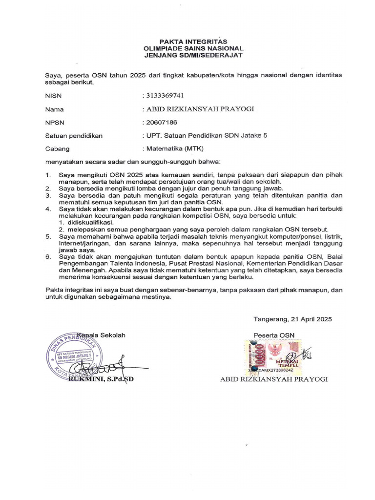 Pakta Integritas Osn - Abid MTK | PDF