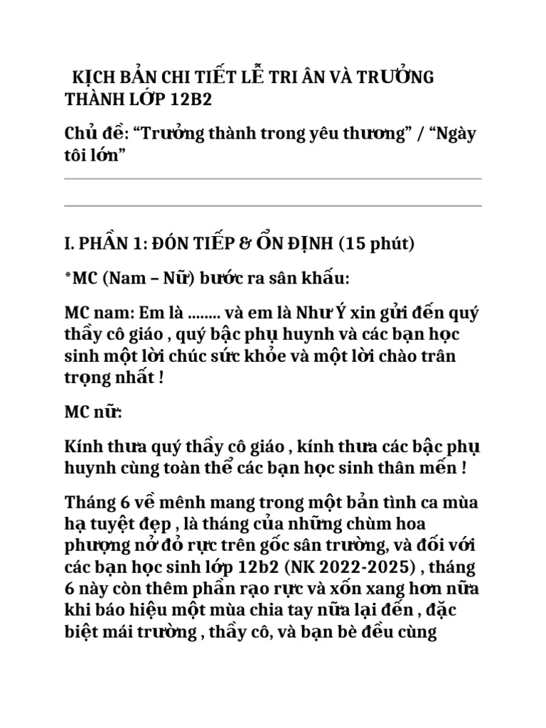 ? Kịch Bản Chi Tiết Lễ Tri Ân Và Trưởng Thành Lớp 12b2 | PDF