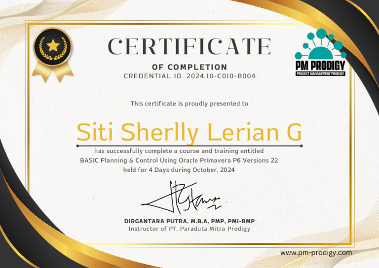 Primavera P6 Training Completion Certificate | PDF