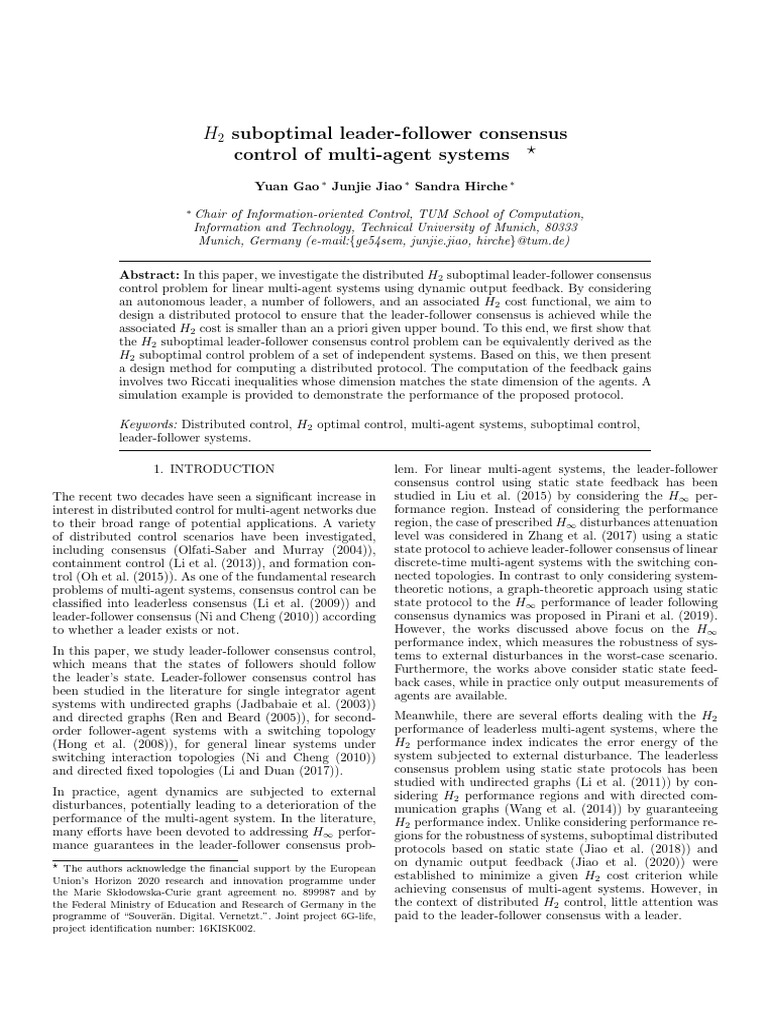 H2 Suboptimal Leader-Follower Consensus | PDF | Matrix (Mathematics ...