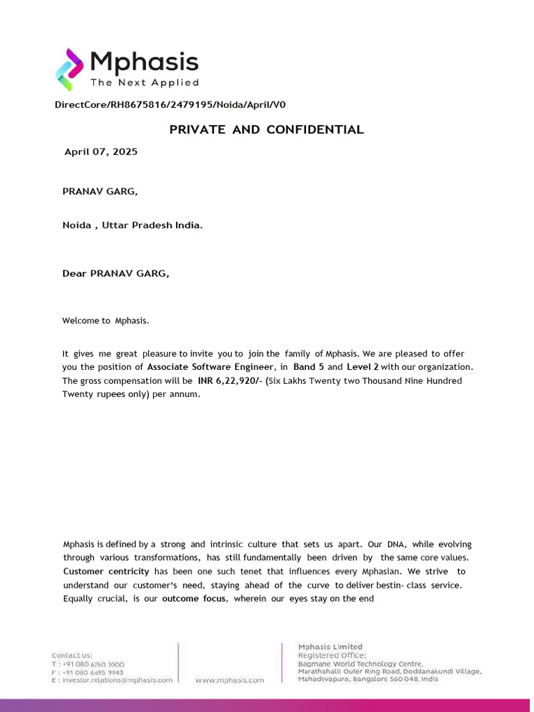 PranavGarg Mphasis Offer Letter | PDF | Patent | Employment