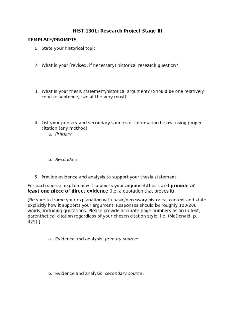 HIST 1301 - Research Project Stage III Template | PDF