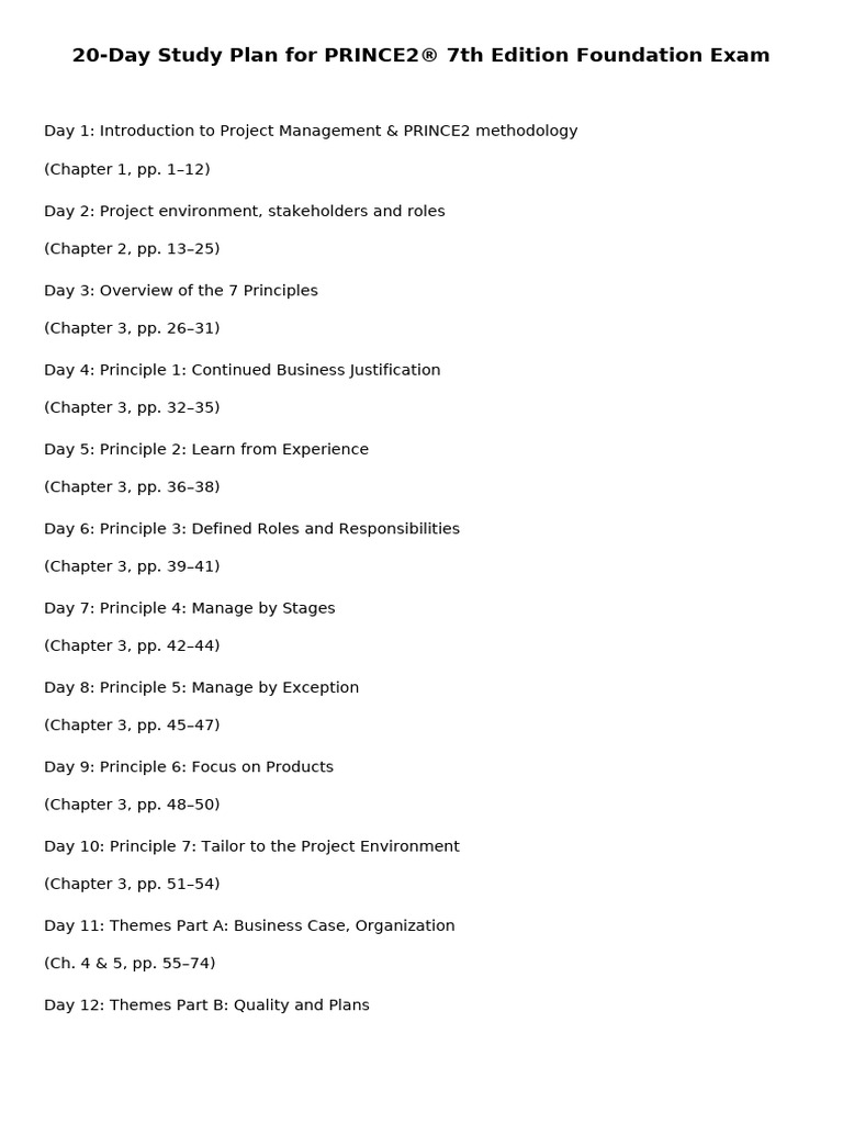 PRINCE2 20 Day Study Plan English | PDF