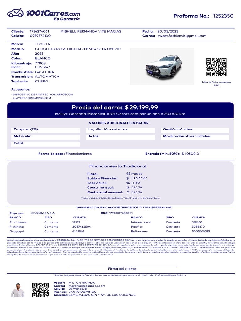 Precio Del Carro: $29.199,99: Proforma No. | PDF