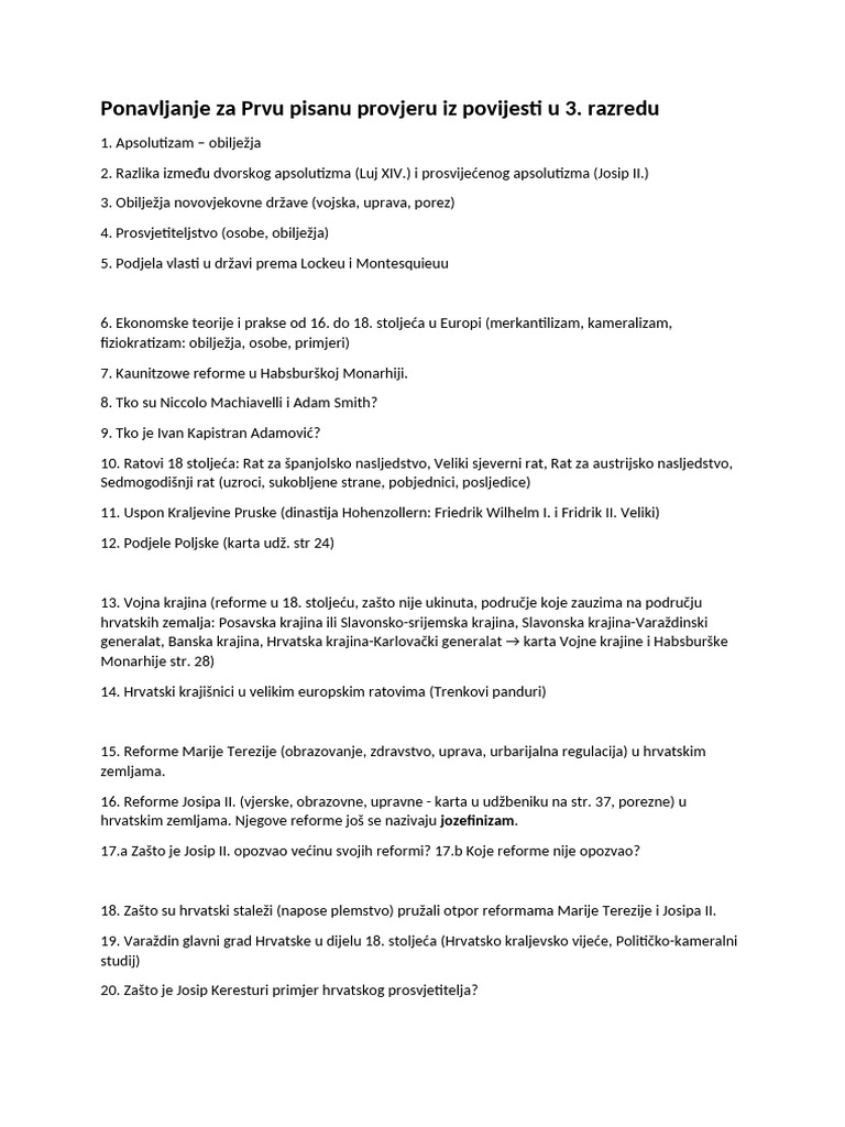 Ponavljanje Za Prvu Pisanu Provjeru Iz Povijesti U 3. Razredu | PDF