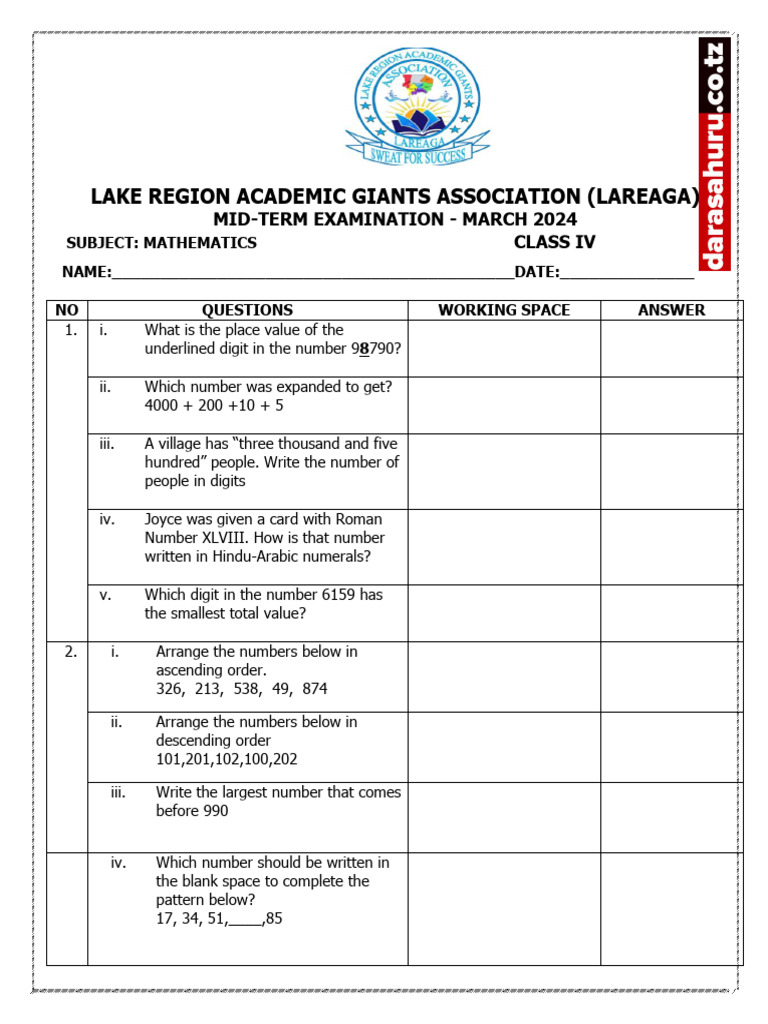 Class IV Mathematics Mid-Term Exam 2024 | PDF | Numbers | Mathematics