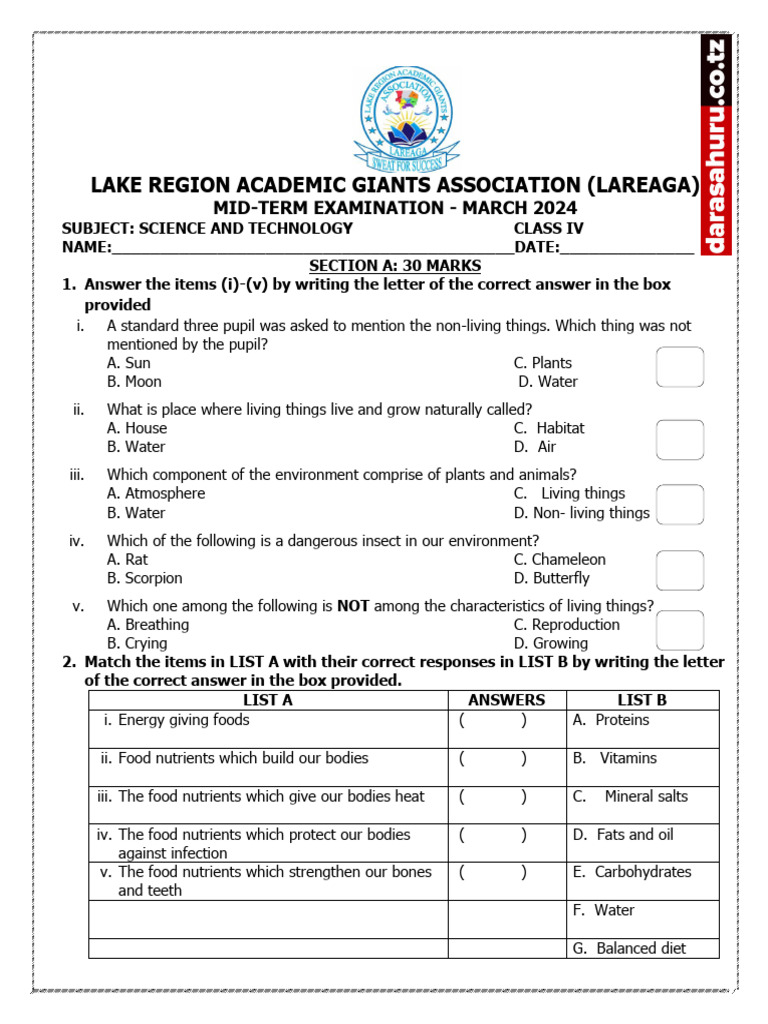 Class IV Science Mid-Term Exam 2024 | PDF | Foods | Nutrients