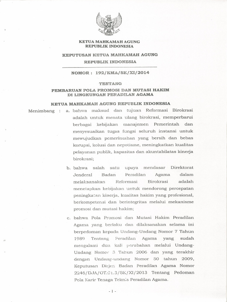 Lampiran I KMA 192 Tahun 2014 Pola Mutasi Hakim | PDF