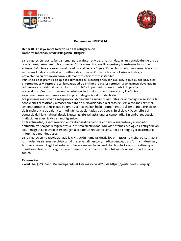 Deber #1 Ensayo Sobre La Historia de La Refrigeración - Jonathan Pungacho | PDF