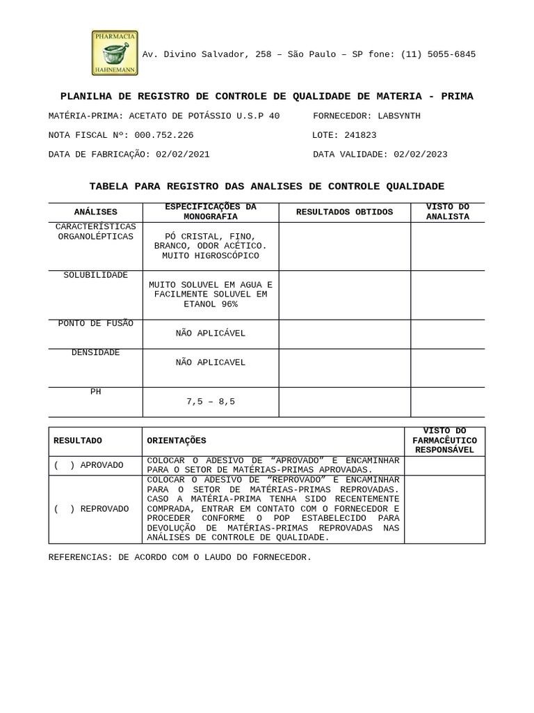 Controle de Qualidade Acetato de Potássio | PDF