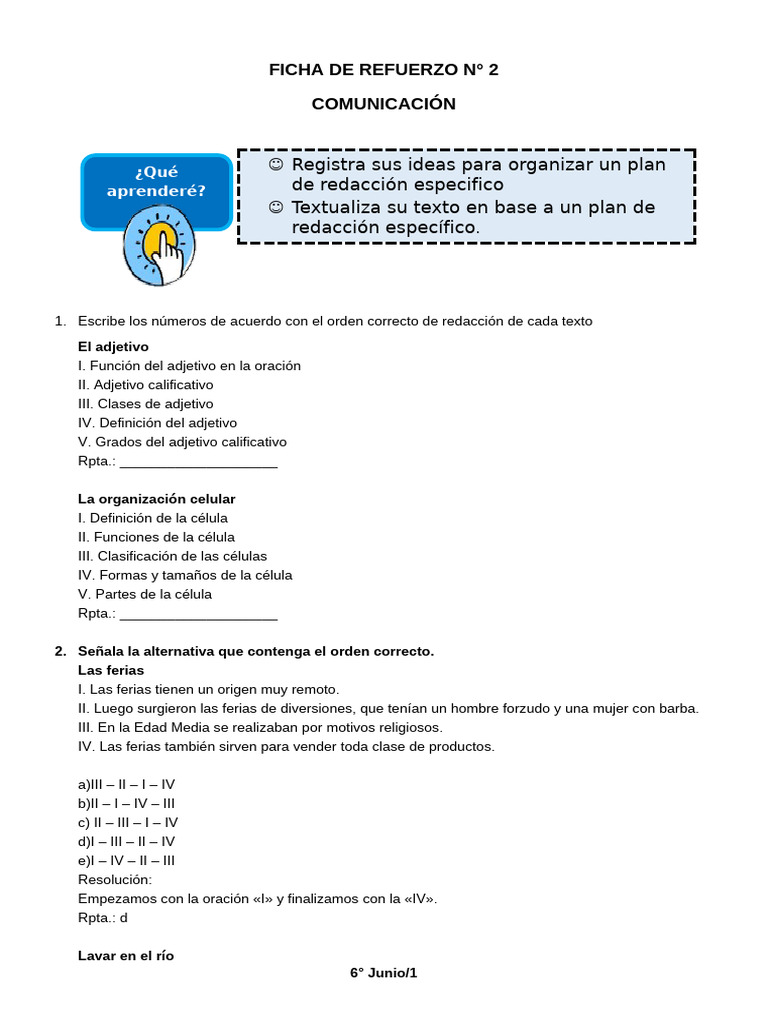 6° Grado - Fichas de Refuerzo 2 | PDF